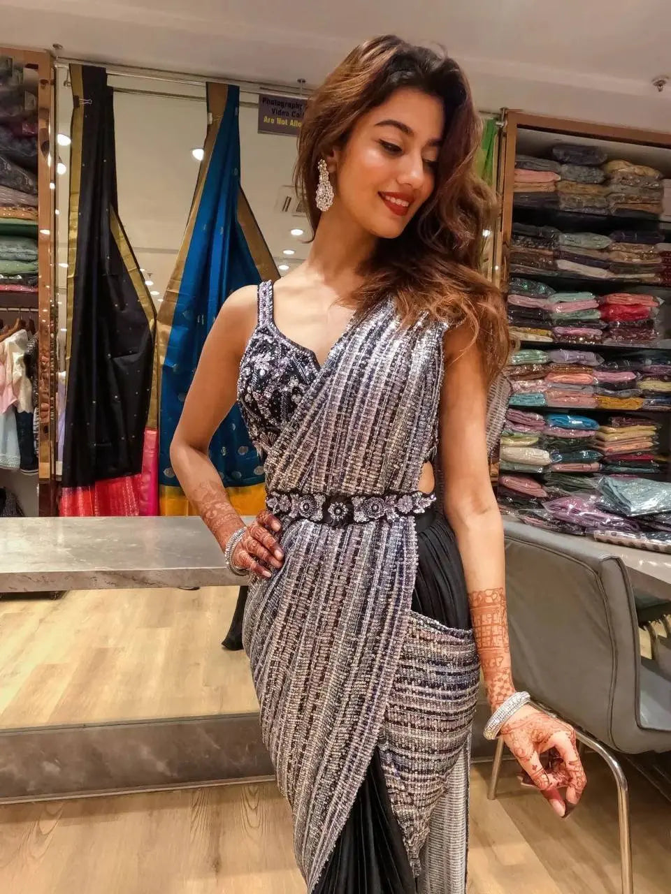 HEAVY SABURI SILK WITH HALF BLOOMING AND HALF PRINT SEQUENCE EMBROIDER